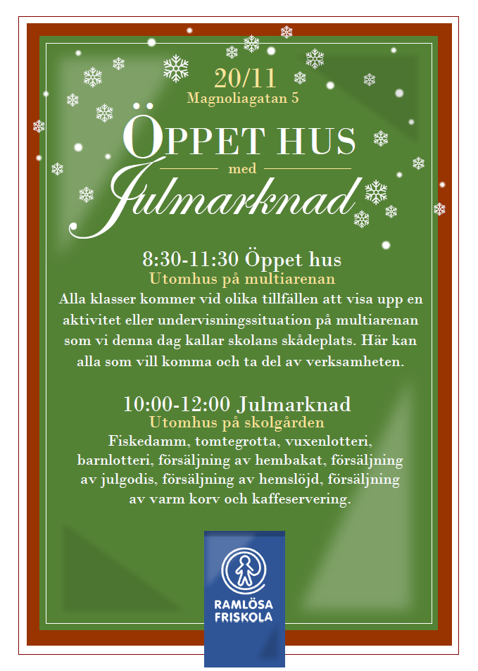 Öppet hus med julmarknad 20 nov | Ramlösa Friskola